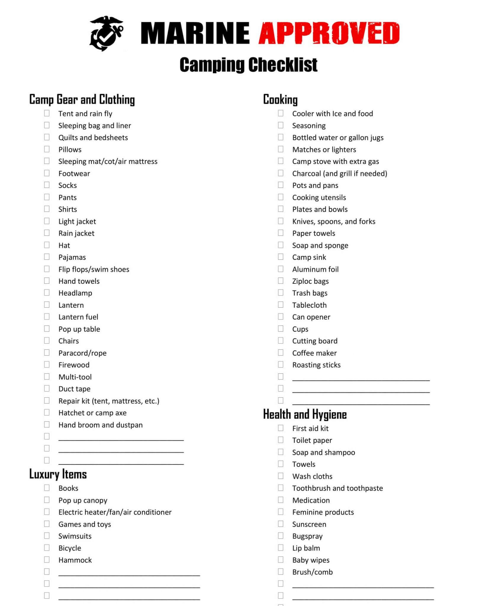 Camping Checklist 2023 (with Printable PDF) - Marine Approved